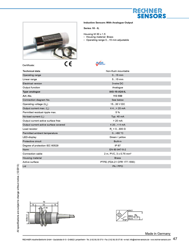 Inductive Sensors With Analogue Output Series 10 - IL: Made in Germany ...