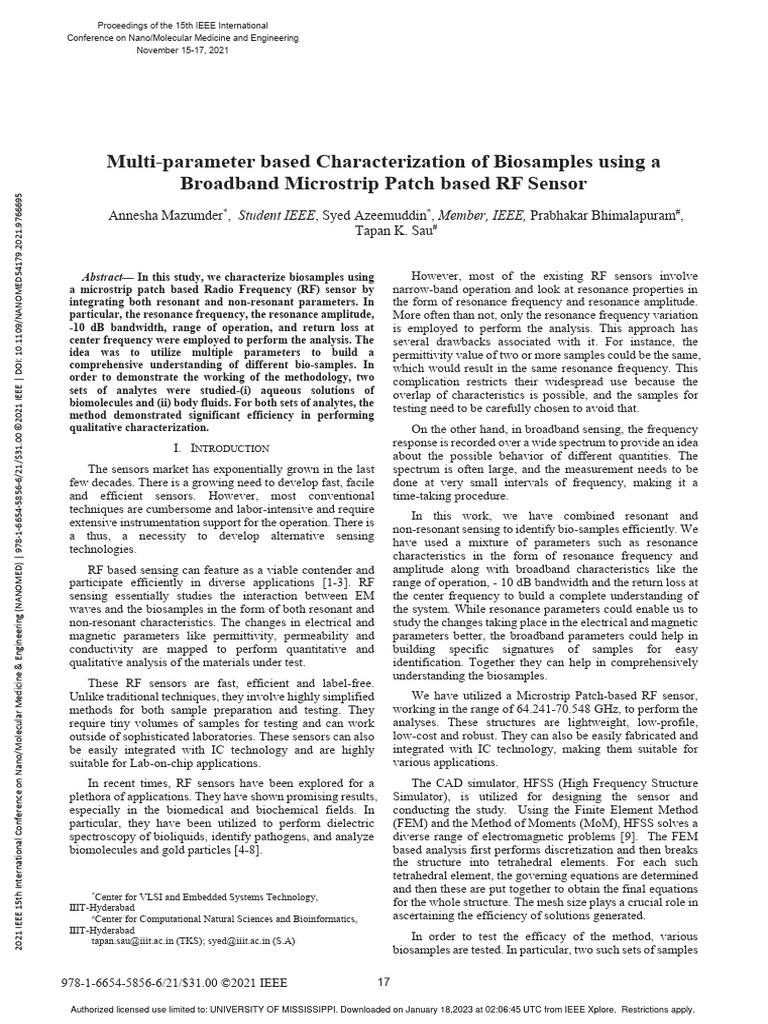Multi-Parameter Based Characterization of Biosamples Using A Broadband Microstrip Patch Based RF ...