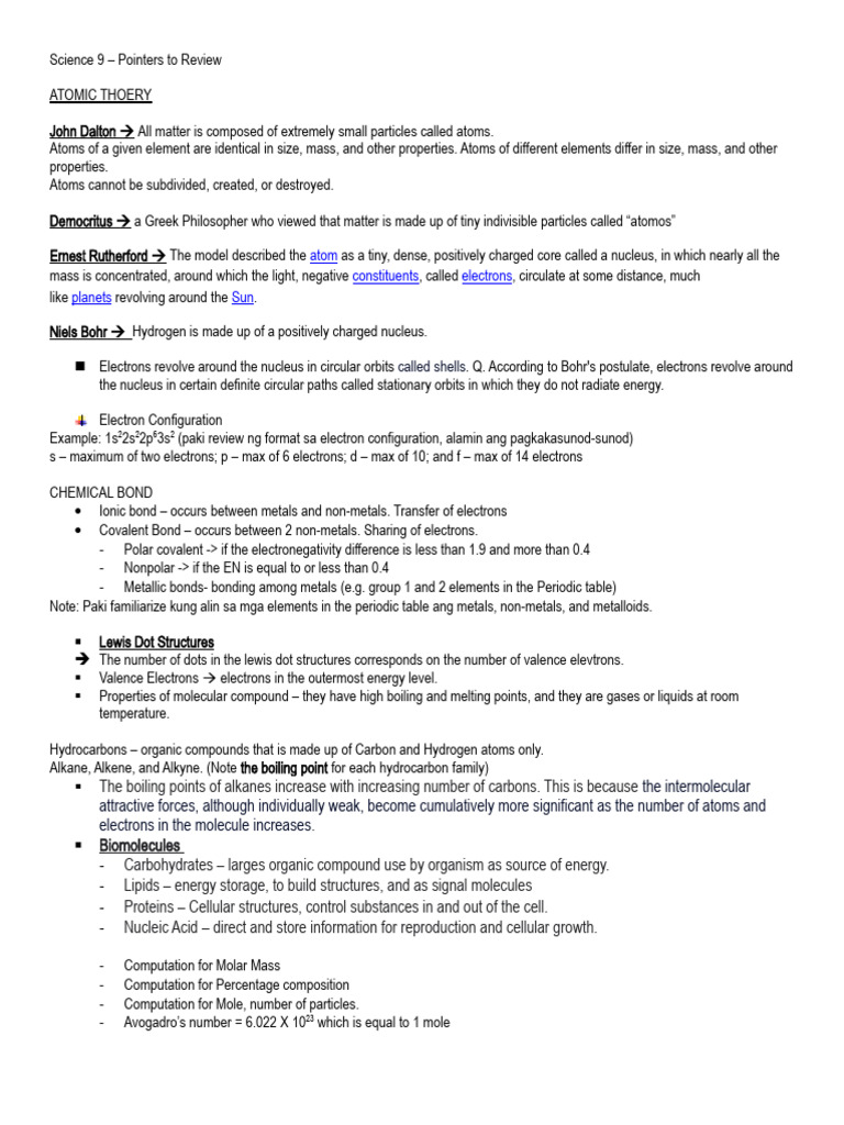 Science 9 2ndQ Pointers | PDF | Chemical Bond | Atoms