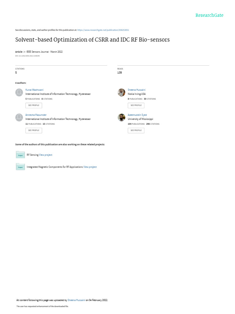 Solvent-Based Optimization of CSRR and IDC RF Bio-Sensors1 | PDF ...