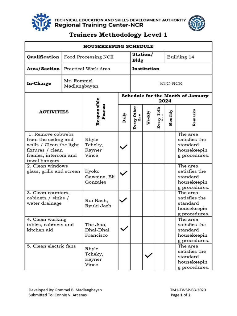 Form 01 - HOUSEKEEPING SCHEDULE | PDF | Housekeeping | Hygiene