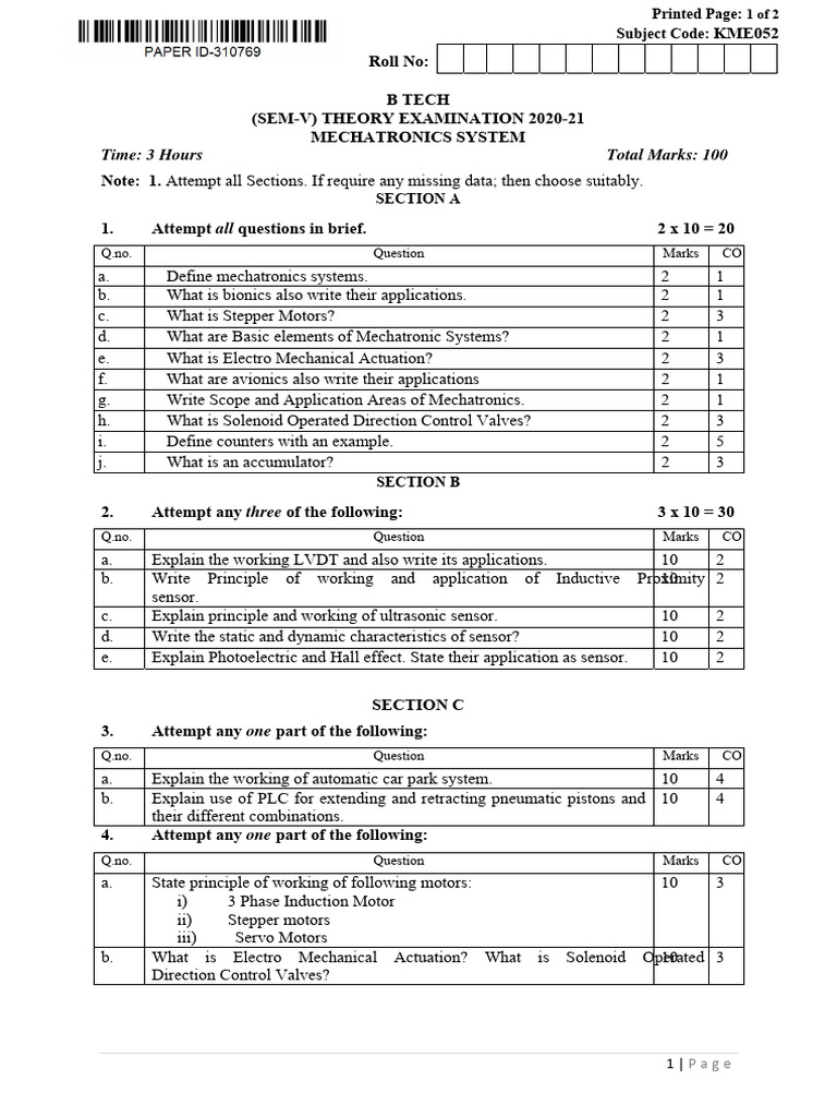 Btech Me 5 Sem Mechatronics System Kme052 2021 | PDF | Programmable ... Btech Me 5 Sem Mechatronics System Kme052 2021 | PDF | Programmable ...