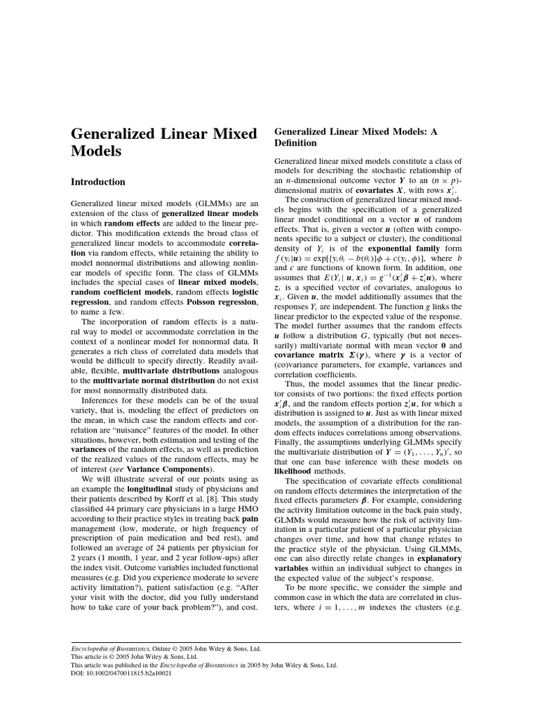 McCulloch and Neuhaus 2005 Generalized Linear Mixed Models | Download Free PDF | Variance ...