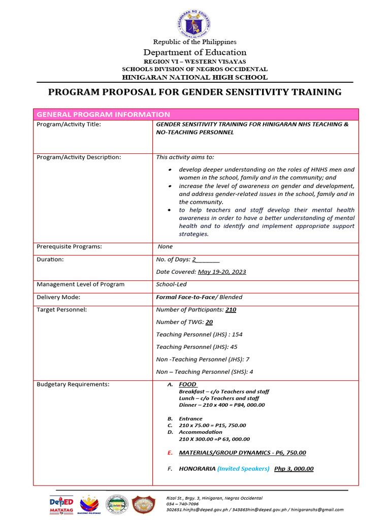 Program Proposal For Gender Sensitivity Training 2023 | PDF | Teachers ...