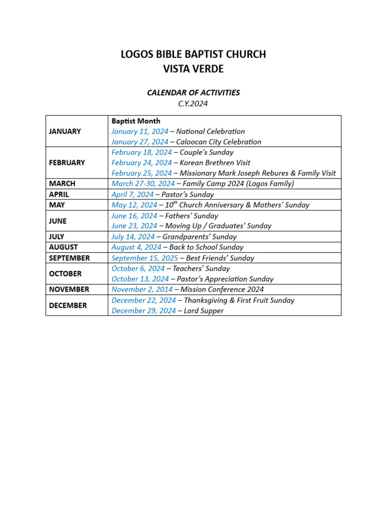 Church Calendar of Activities | PDF