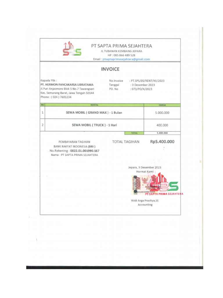 Invoice Rental Mobil (PT Libratama) | PDF