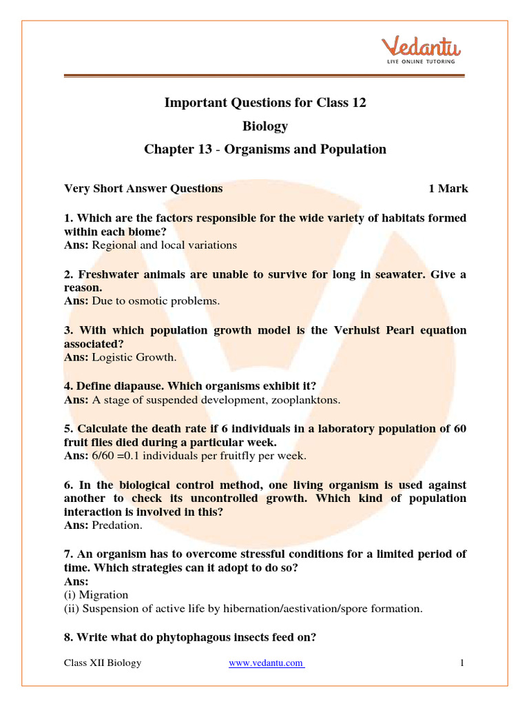 CBSE Class 12 Biology Chapter 13 - Organism and Population Important ...