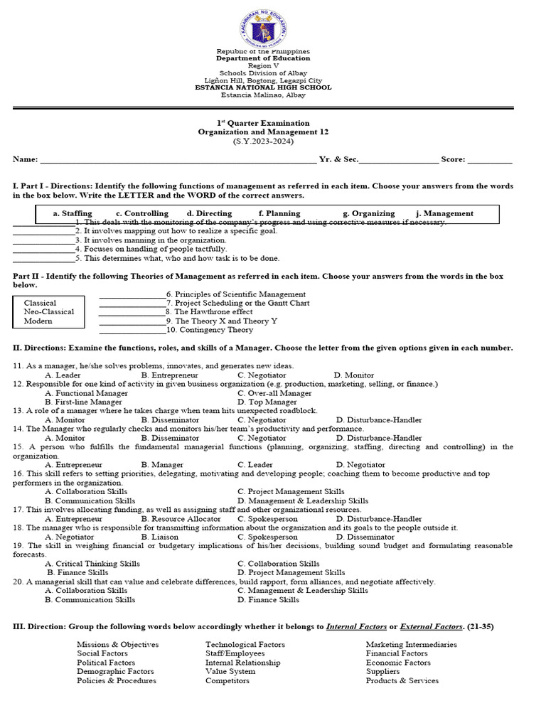 Organization 1st Quarter Exam | PDF | Entrepreneurship | Leadership Organization 1st Quarter Exam | PDF | Entrepreneurship | Leadership