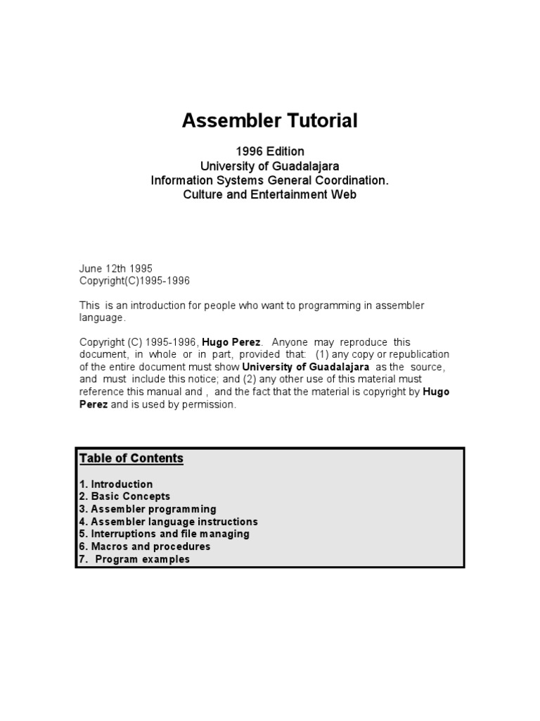 Assembly Language The Assembler Tutorial Pdf Assembly Language Central Processing Unit