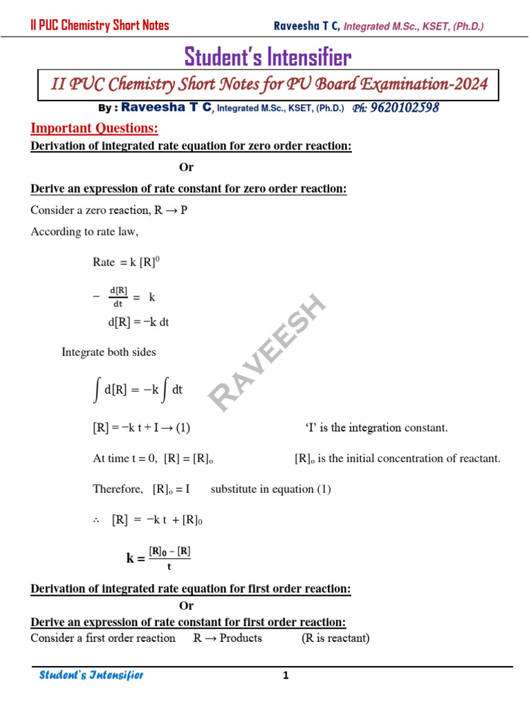 II PUC Chemistry Short Notes-2024 (Other) | PDF | Reaction Rate ...