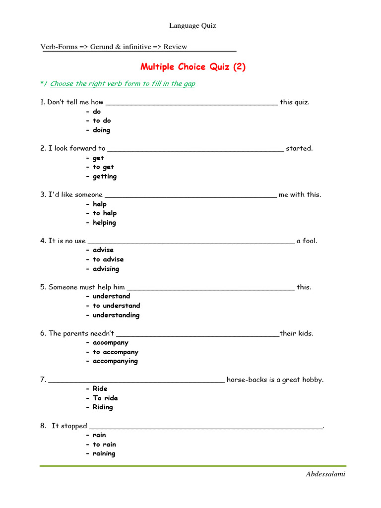Multiple Choice Verb Form Quiz 2 | PDF | Language Families | Morphology