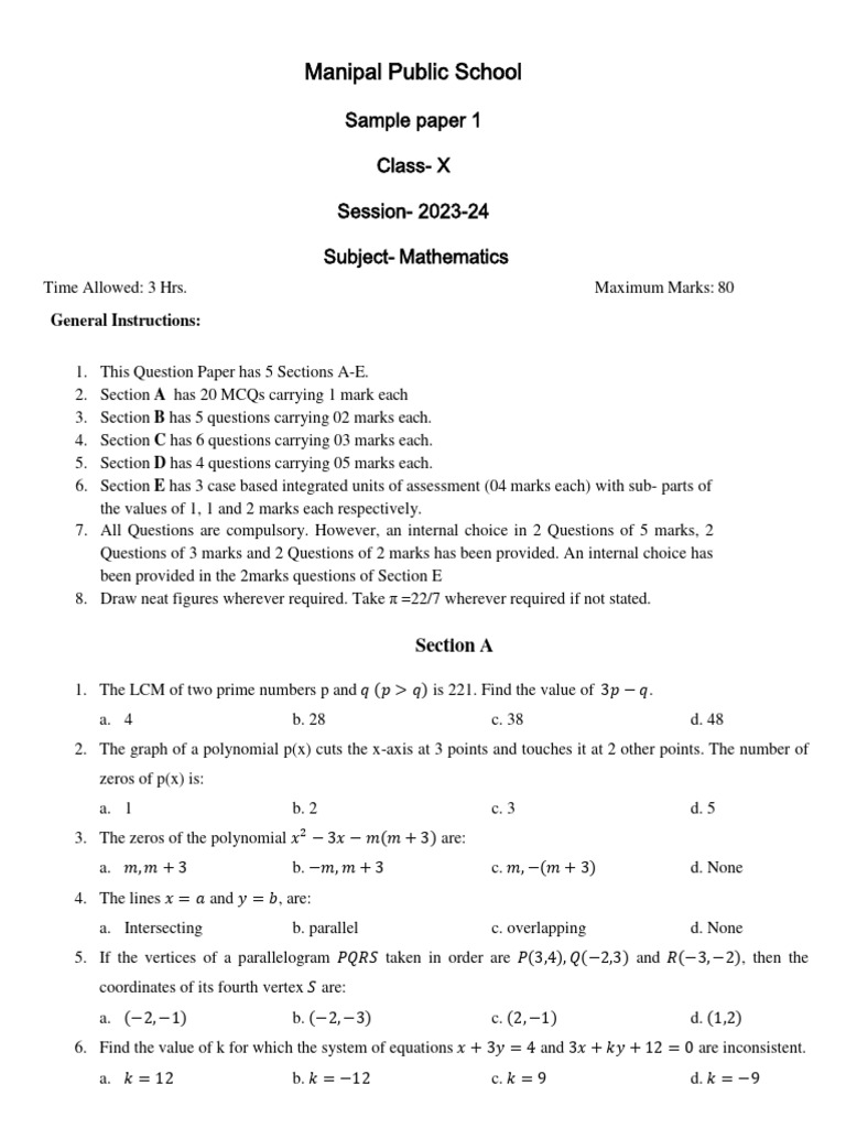 Class X Mathematics Sample Paper 2023-24 | PDF | Sphere | Circle