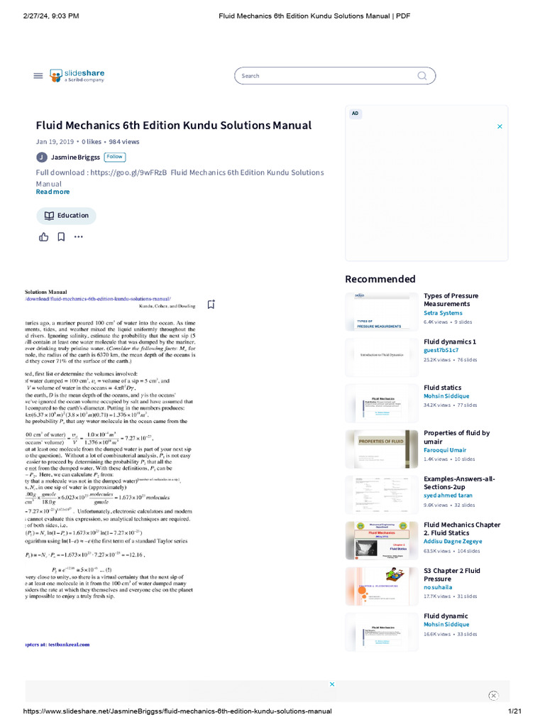 Fluid Mechanics 6th Edition Kundu Solutions Manual - PDF | PDF | Pressure | Friction