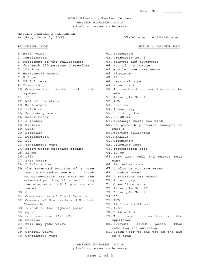 Plumbing Code Refresher PART 2 Answer Key | PDF | Home & Garden