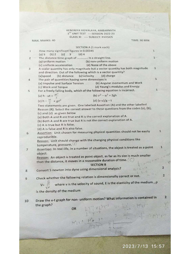 Physics Unit Test 2022-23 | PDF