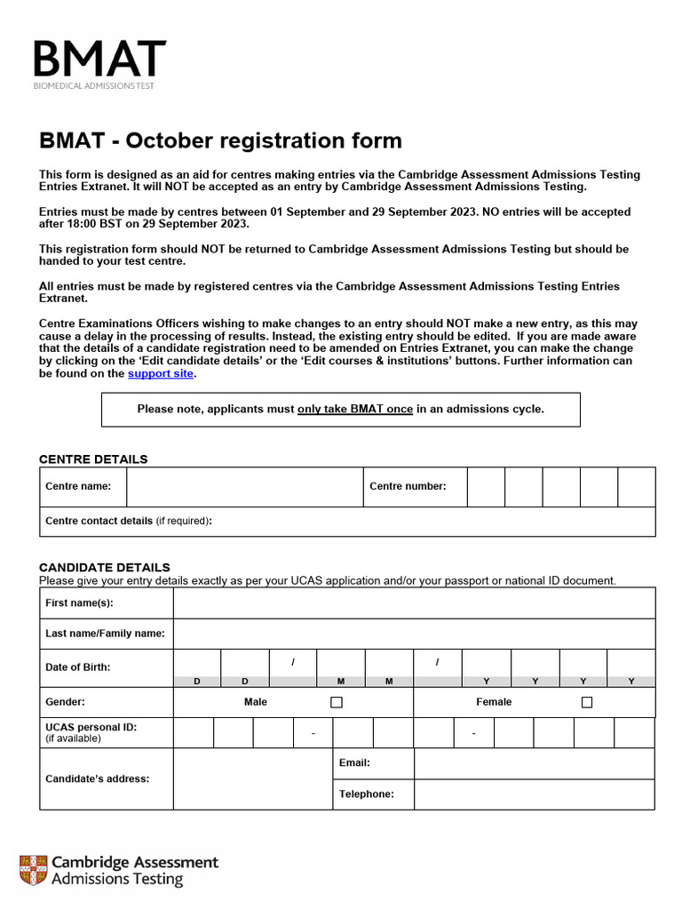 Bmat 2023 Candidate Registration Form | Download Free PDF | Payments