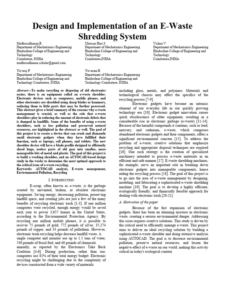 Design and Implementation of An E-Waste Shredding System | PDF