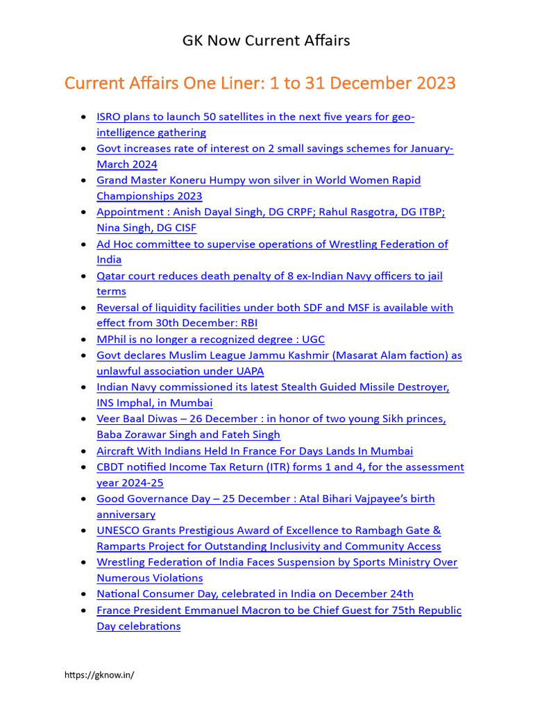 December 2023 Current Affairs Highlights | PDF | Narendra Modi ...