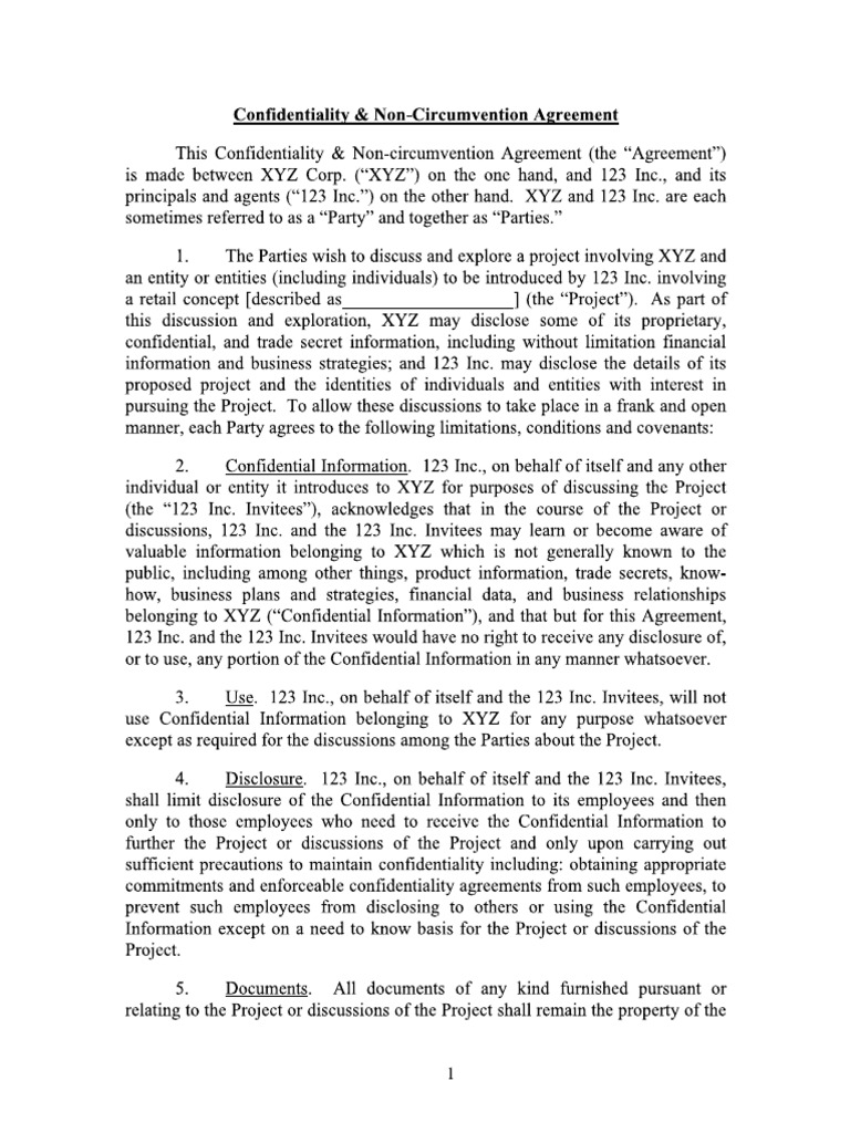 Sample Non Disclosure and Non Circumvention Agreement | PDF