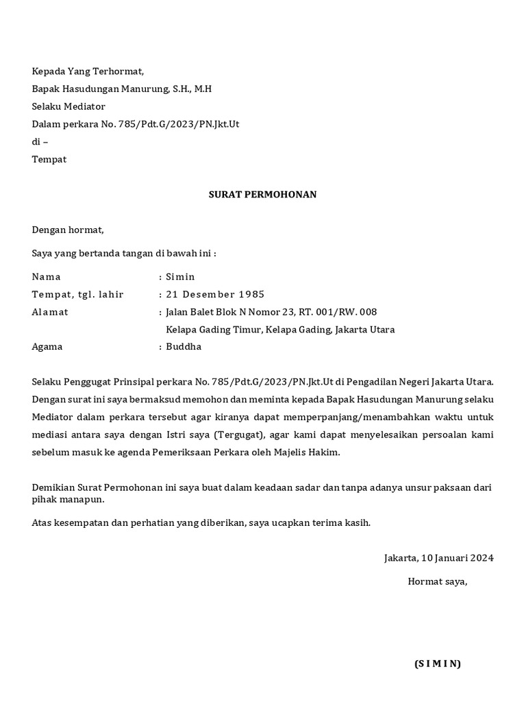 Surat Permohonan Penundaan Mediasi | PDF