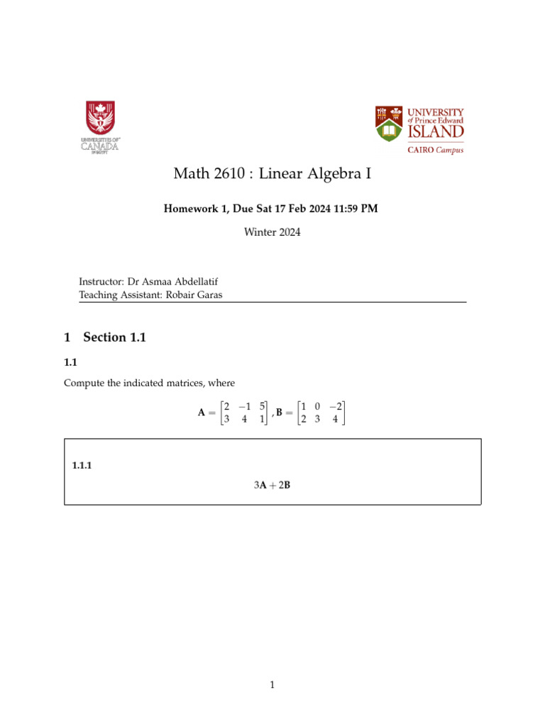 Math 2610 Linear Algebra Homework 1 | PDF | Teaching Methods & Materials