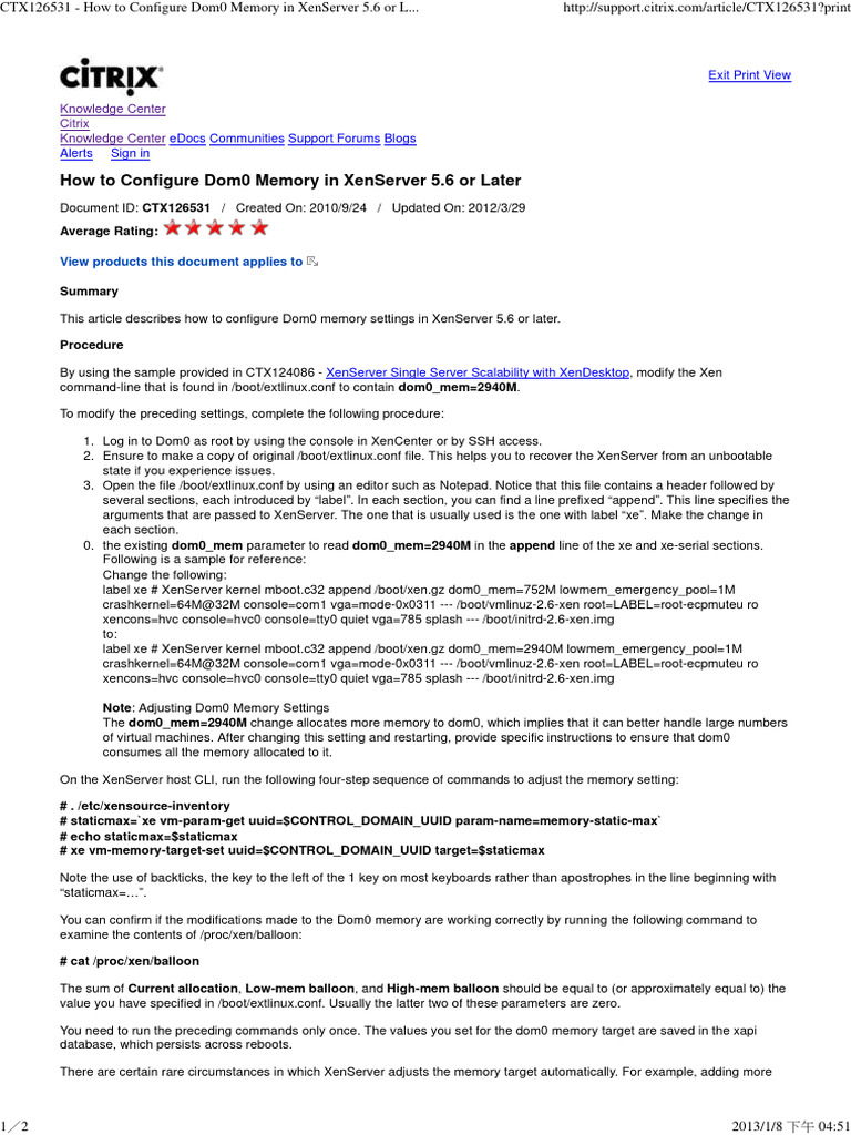 CTX126531 - How To Configure Dom0 Memory in XenServer 5.6 or Later ...