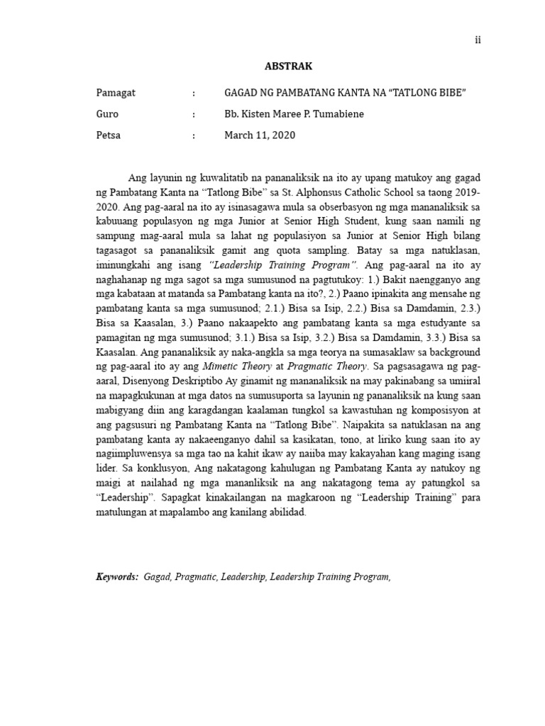 Gagad NG Pambatang Kanta Na "Tatlong Bibe" | PDF