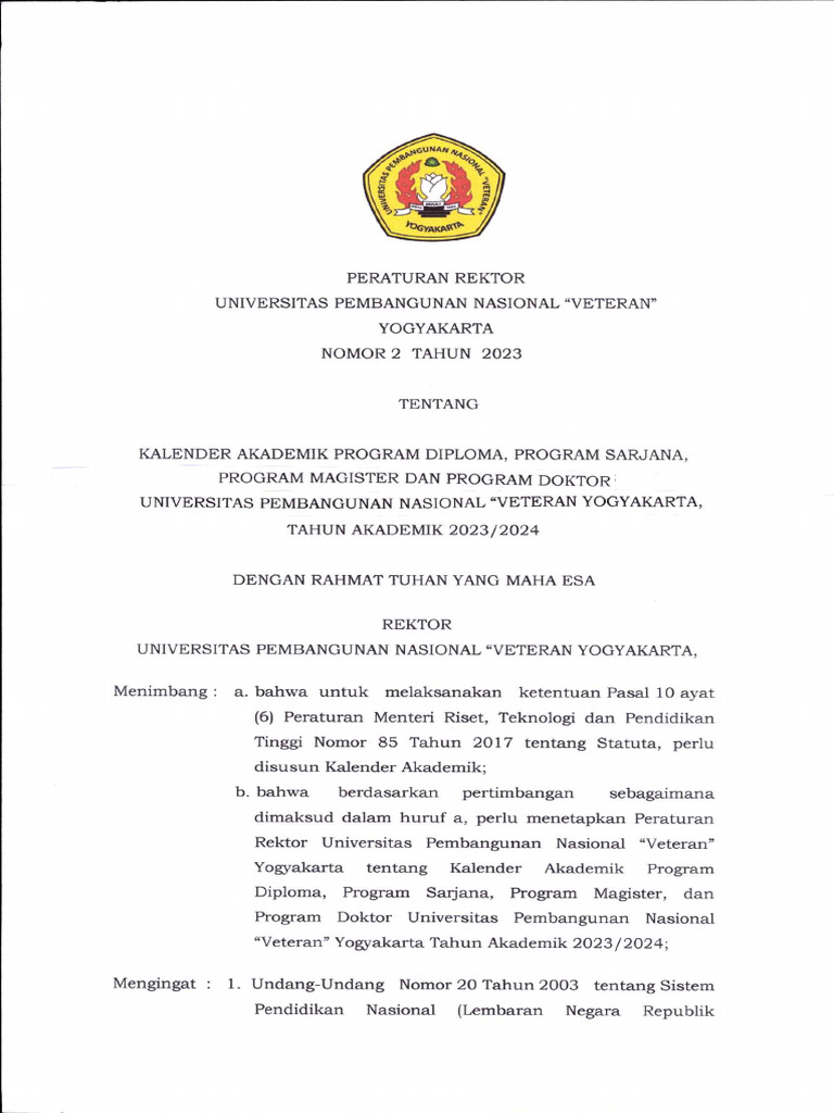 Peraturan Rektor Nomor 2 Tahun 2023 TTG Kalender Akademik Program Diploma-Sarjana-Magister Dan ...