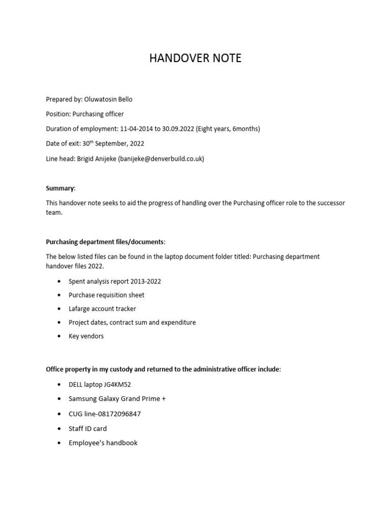 Handover Note | PDF | Receipt | Business