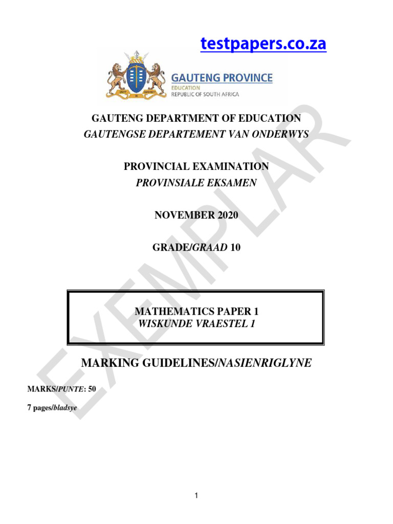 Gr10 Math P1 (English and Afrikaans) 2020 Exemplars Possible Answers | PDF