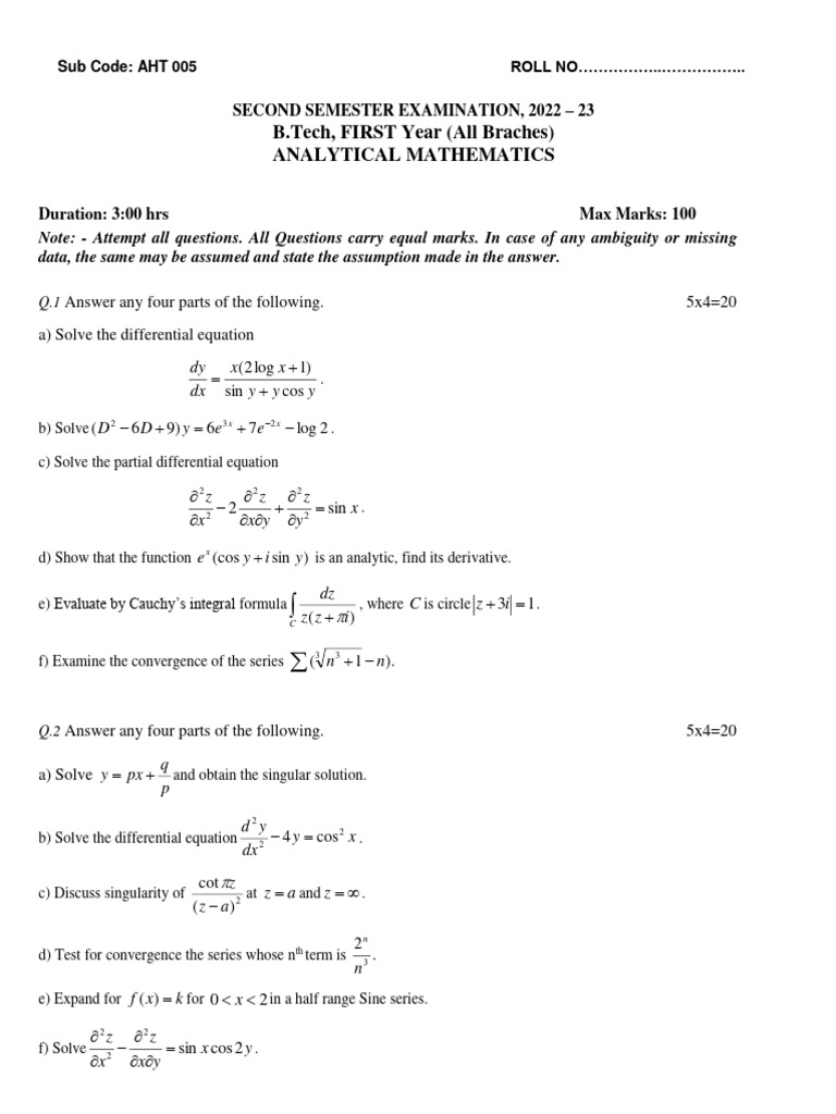 AHT 005 Analytical Mathematics | PDF | Equations | Calculus