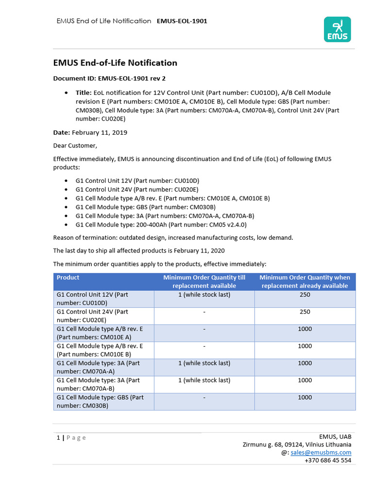 EMUS EOL 1901 Product End of Life Notice Rev2 | PDF | Computing