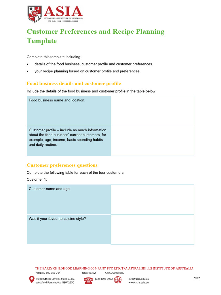 SITHKOP010 Customer Preferences and Recipe Planning Template | PDF ...