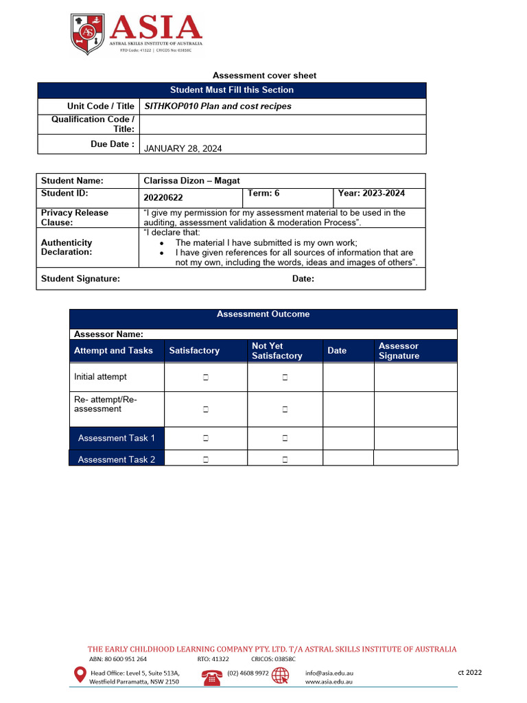 SITHKOP010 CLARISSA Assessment Tasks | PDF | Menu | Italian Cuisine SITHKOP010 CLARISSA Assessment Tasks | PDF | Menu | Italian Cuisine