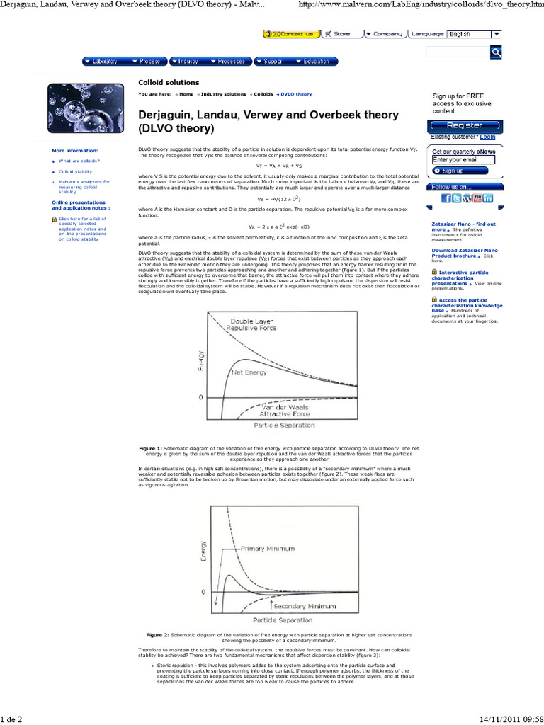 Derjaguin Landau Verwey Overbeek Theory (DLVO Theory) | PDF | Soft ...