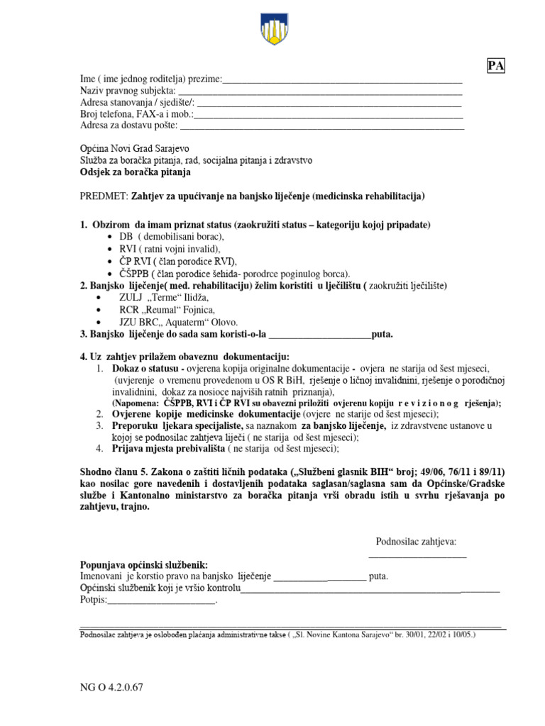 Zahtjev Za Upucivanje Na Banjsko Lijecenje Medicinska Rehabilitacija | PDF