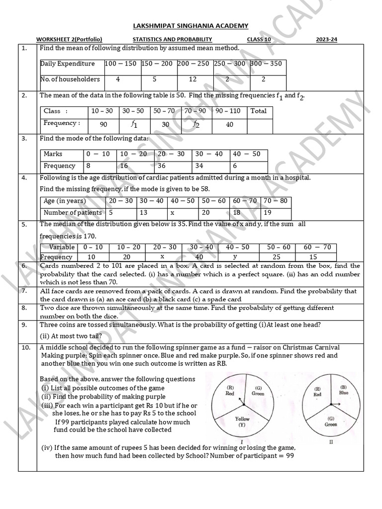 WORKSHEET 2 STATISTICS and PROBABILITY CLASS 10 2023-24 | PDF | Mode ...