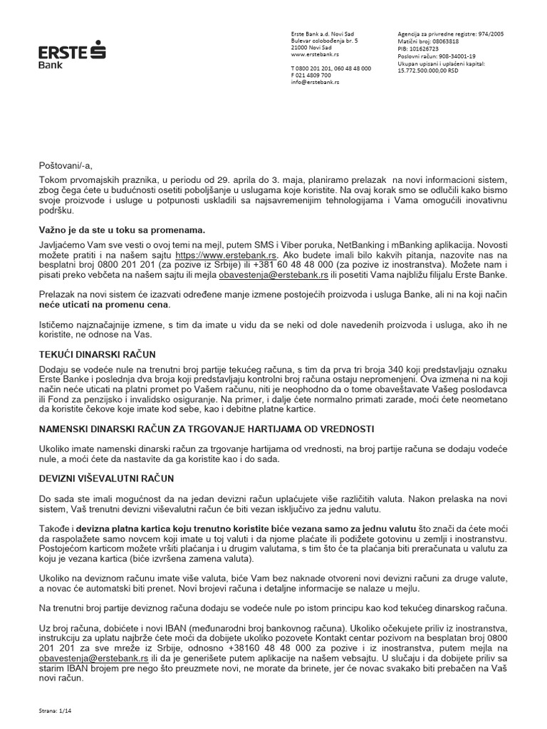 Obaveštenje o Promeni Informacionog Sistema Erste Bank | PDF Obaveštenje o Promeni Informacionog Sistema Erste Bank | PDF