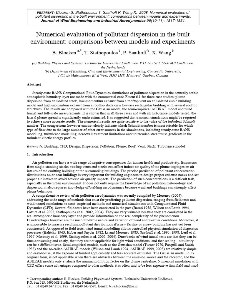 Numerical Evaluation of Pollutant Dispersion in The Built Environment: Comparisons Between ...