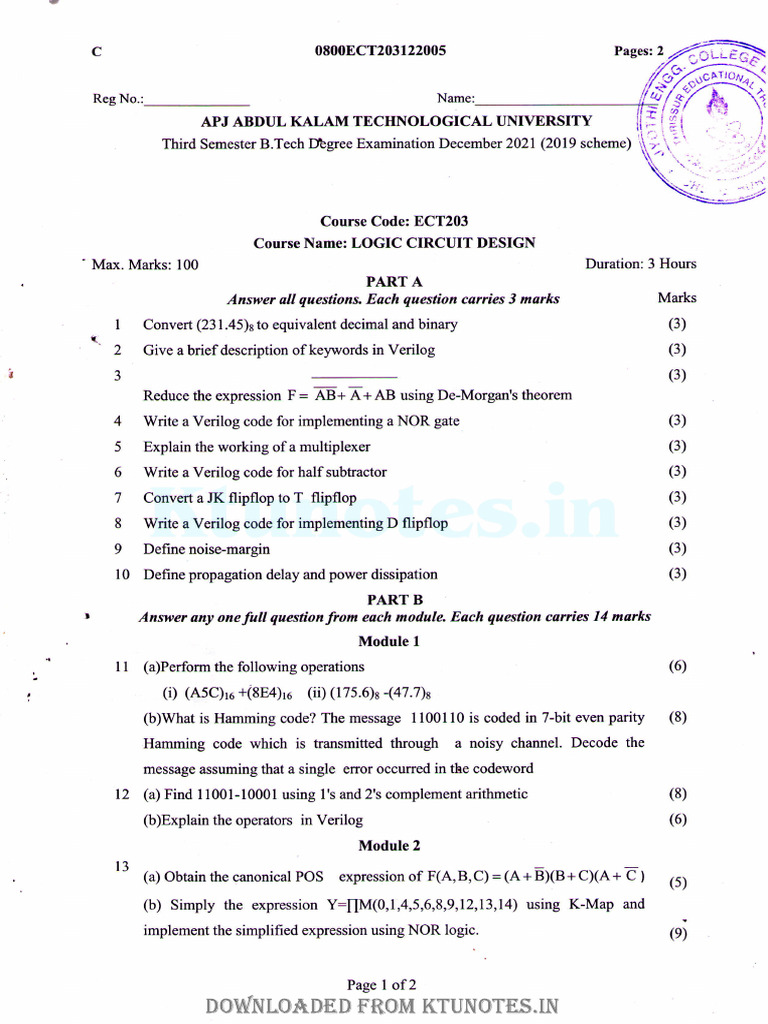 ECT203 Logic Circuit Design Exam Paper | PDF | Logic Gate | Computer ...