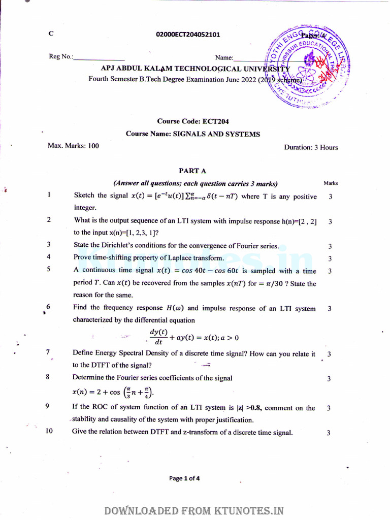 Ect204 Signals and Systems, June 2022 | PDF | Mathematics | Signal Processing