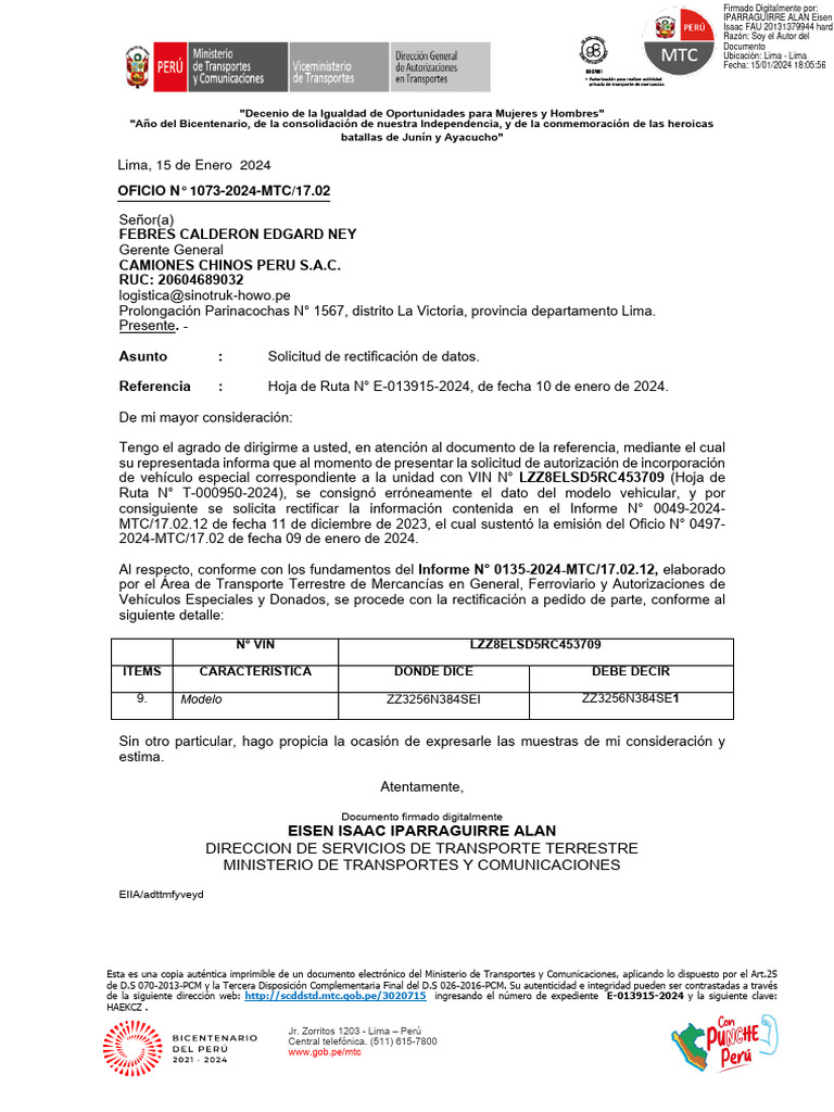 Lima, 15 de Enero 2024: OFICIO #1073-2024-MTC/17.02 | Descargar gratis PDF | Lima
