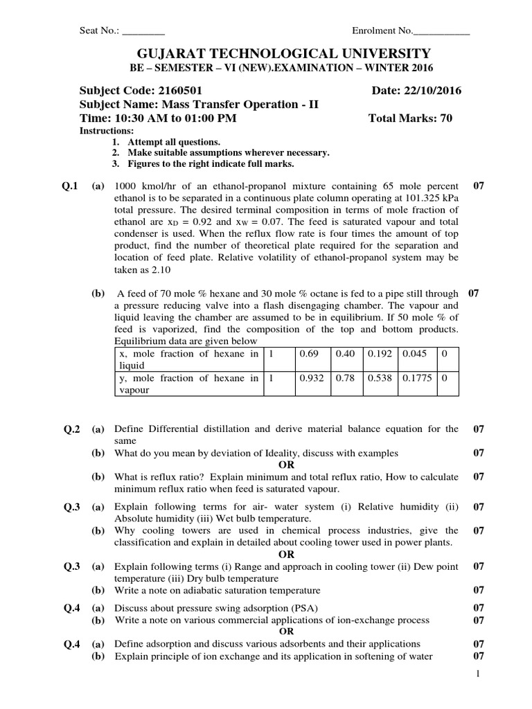 MTO II GTU Exam Paper - Winter 2016 | PDF | Humidity | Adsorption