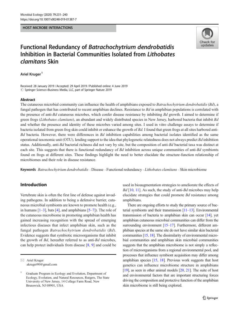 Functional Redundancy of Batrachochytrium Dendrobatidis Inhibition in Bacterial Communities ...