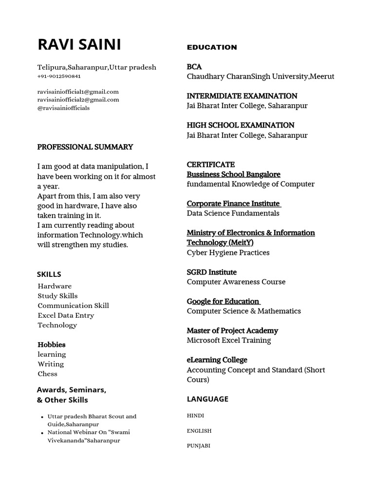 Entry Level Fresher Resume in Black and White Simple Style | PDF