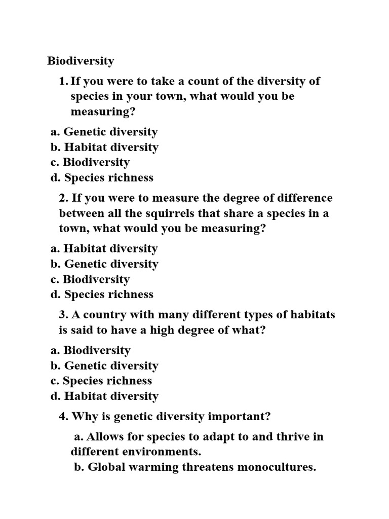 Biodiversity Quiz U6 | PDF | Biodiversity | Habitat