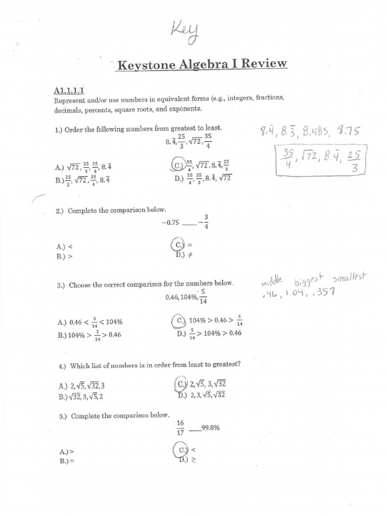 Algebra I Keystone Review Packet Answer Key | PDF