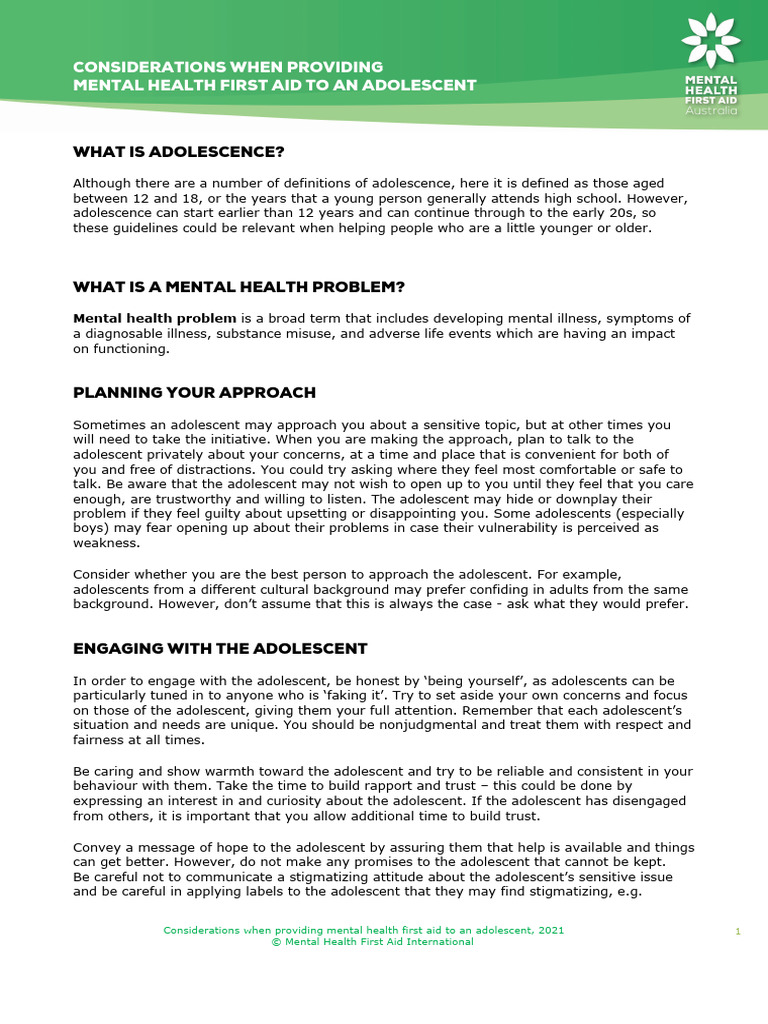 Considerations When Providing Mental Health First Aid To An Adolescent ...