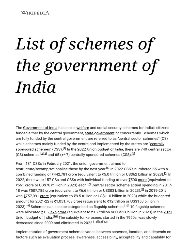 List of Schemes of The Government of India - Wikipedia | Download Free ...