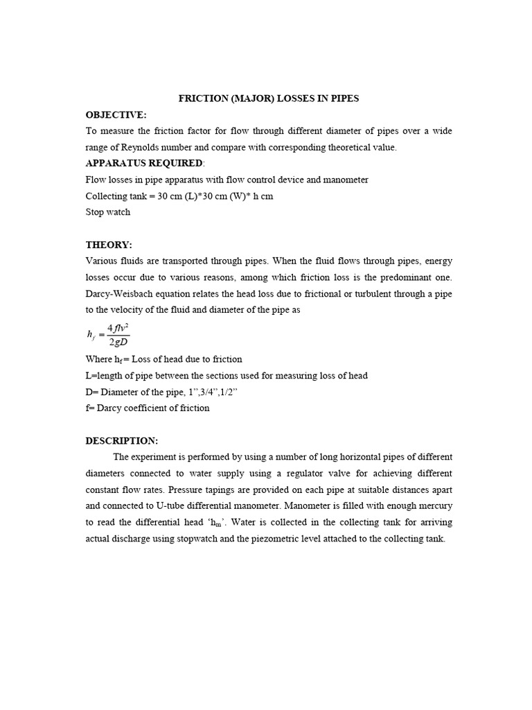 Pipe Friction Losses FLUID MECHANICS LABORATORY MANUAL | PDF | Fluid Dynamics | Soft Matter